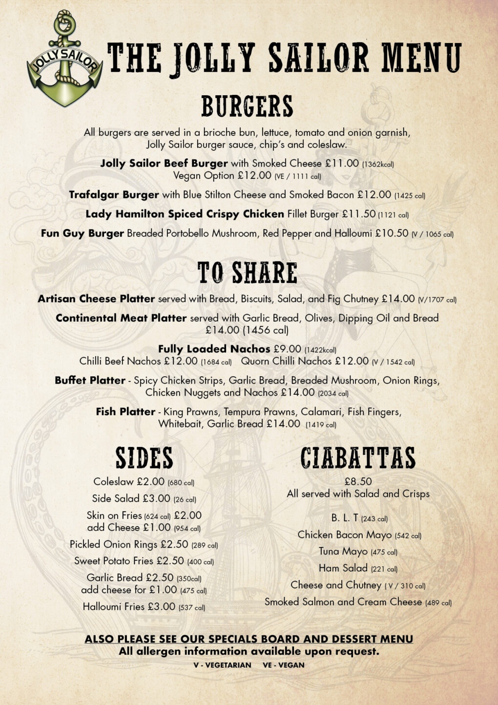 Menu – The Jolly Sailor Southsea