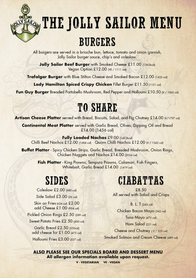 Menu - The Jolly Sailor Southsea