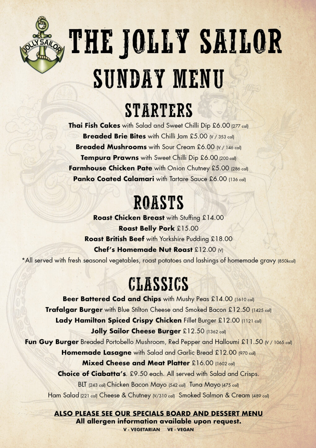 Menu - The Jolly Sailor Southsea