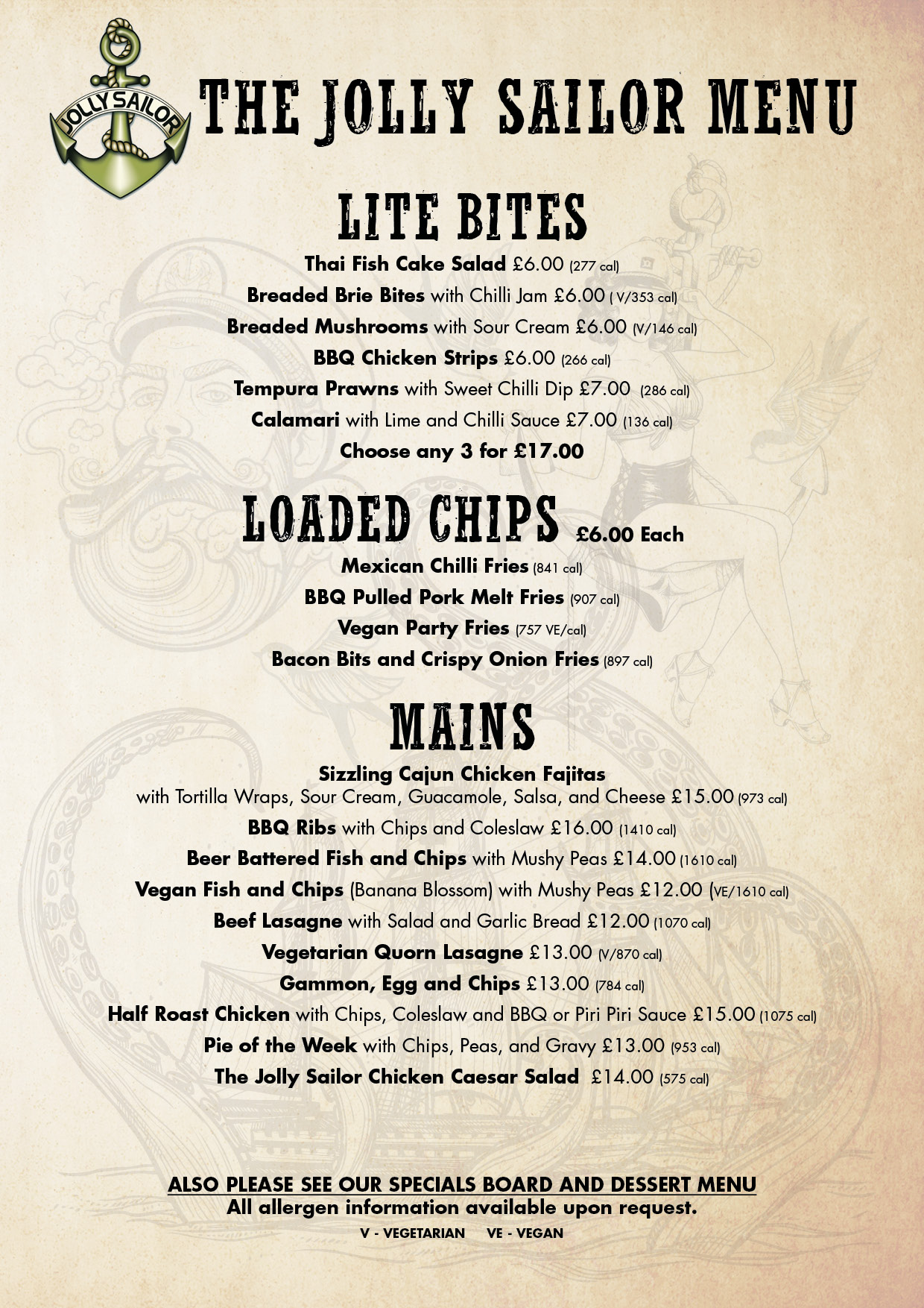 Menu - The Jolly Sailor Southsea