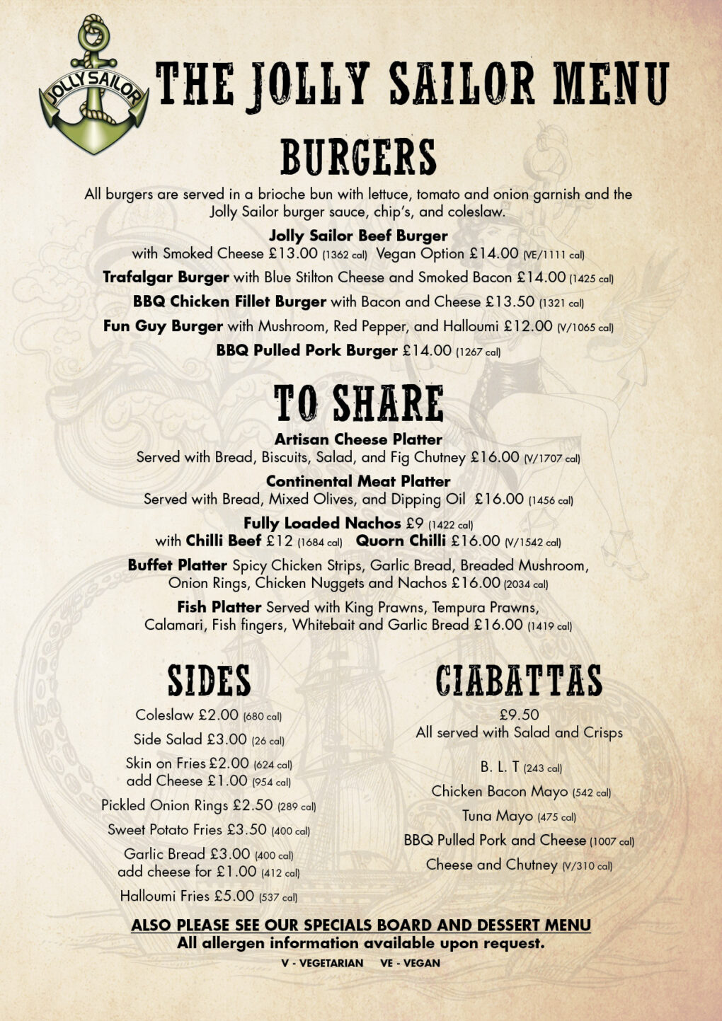Menu - The Jolly Sailor Southsea