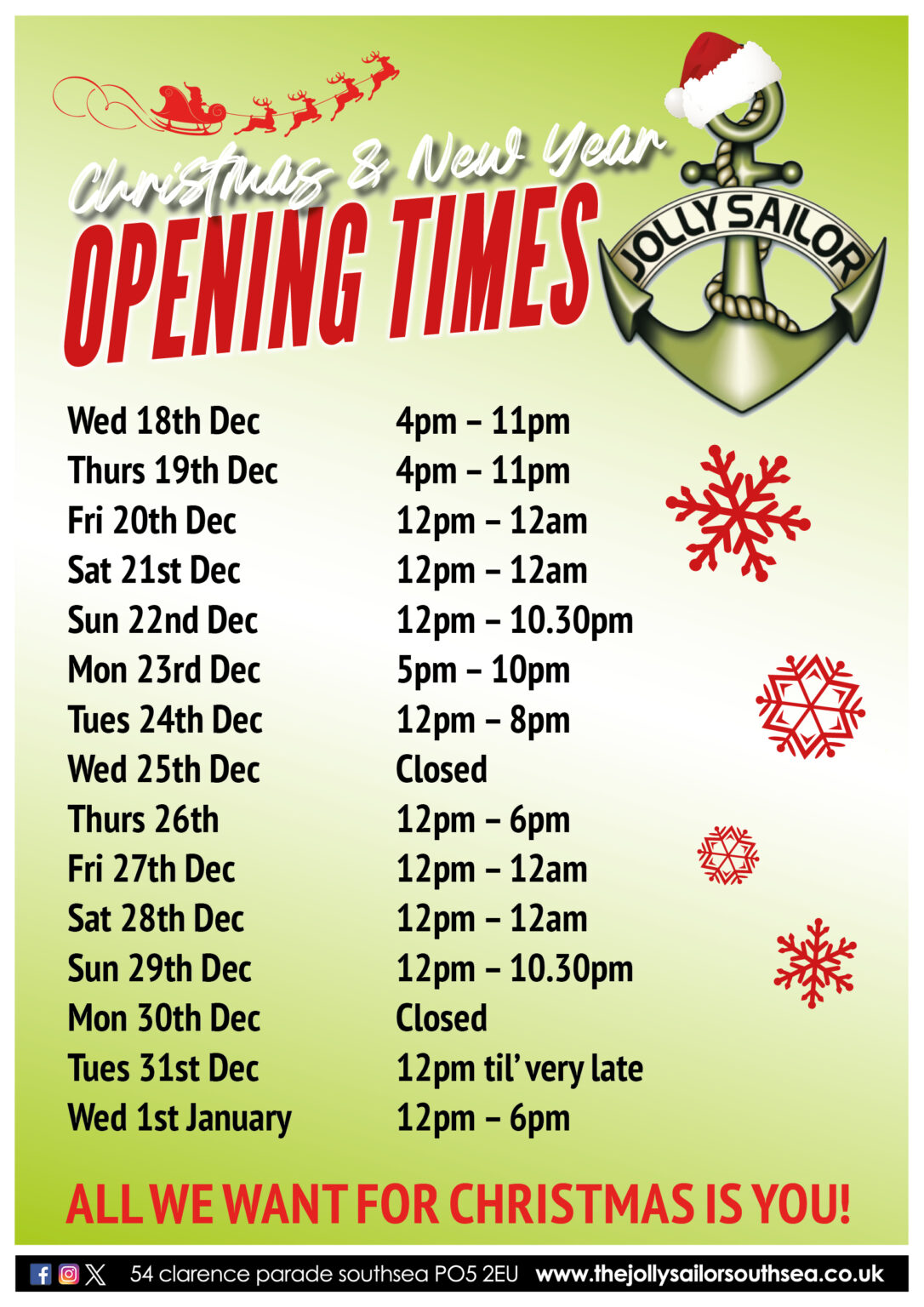 Christmas & New Year Opening Times - The Jolly Sailor Southsea