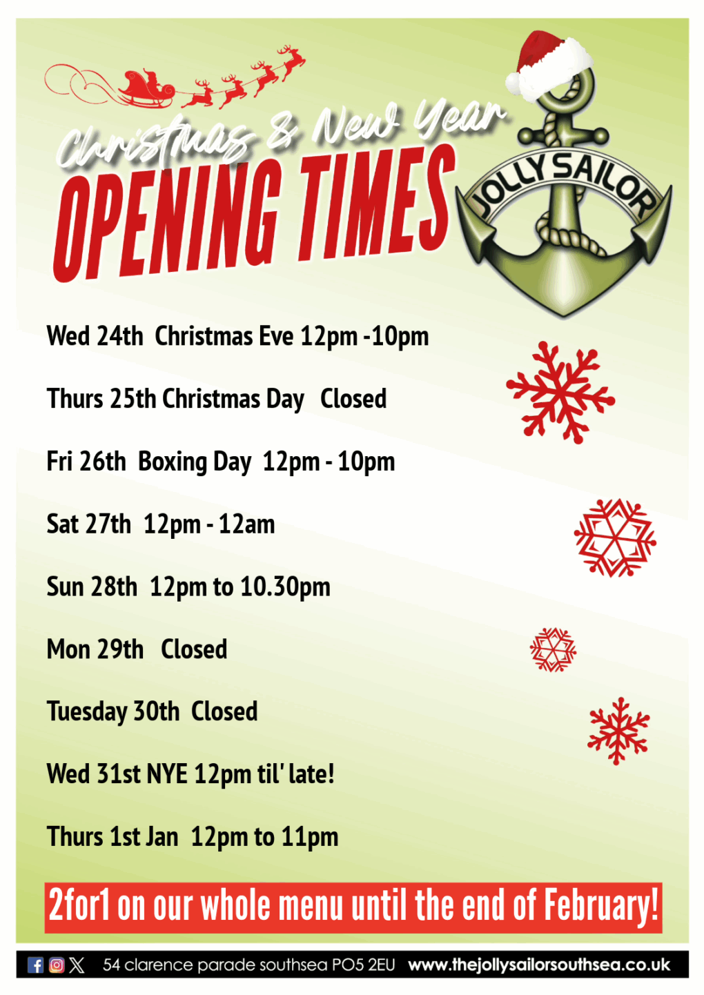 Festive Opening Times - The Jolly Sailor Southsea